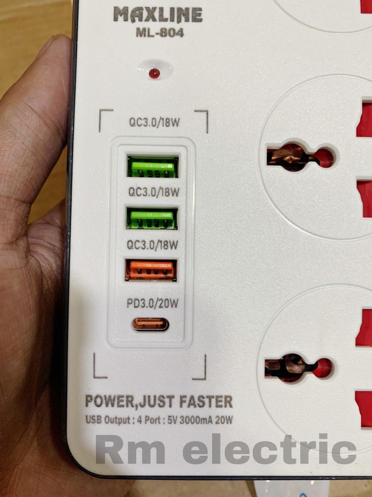 Maxline ML-804, 3 Socket & 4 USB With Lightning Port Fast Charging PD20W QC3.0 Multiplug – RM ...