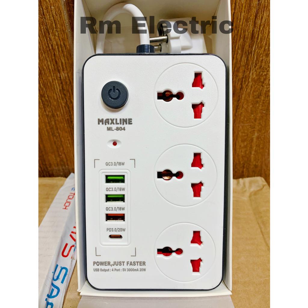 Maxline ML-804, 3 Socket & 4 USB With Lightning Port Fast Charging PD20W QC3.0 Multiplug – RM ...